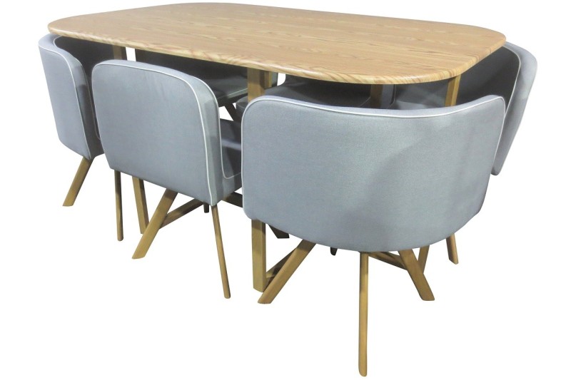 PACK Mesa MDF Roble 140x100 + 6 Sillas GRAPH Gris