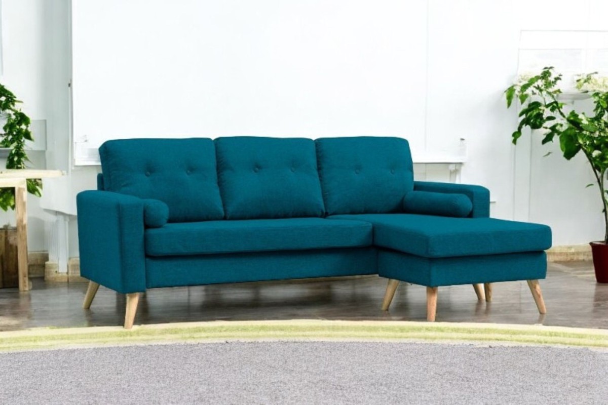 Sofá Chaiselongue Design 3P reversível em cor azul turquesa claro ao ...
