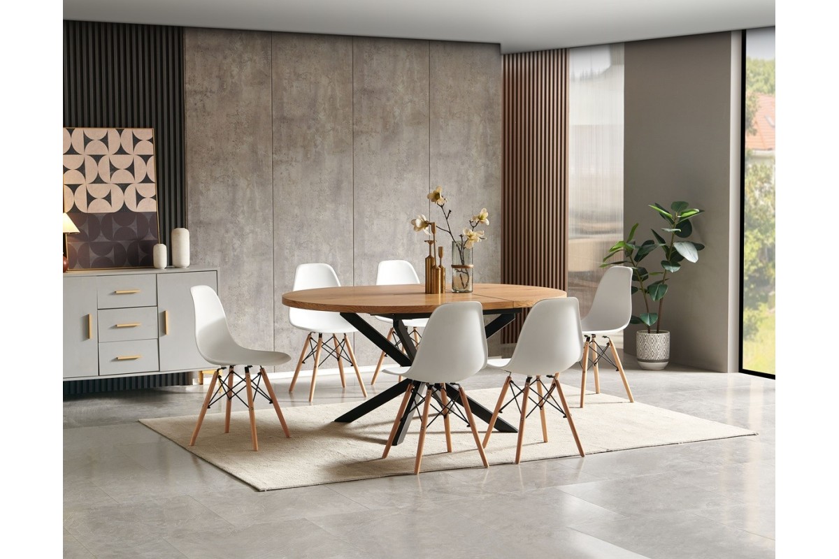 Mesa de salón circular extensible 120/160x120 con patas metálicas