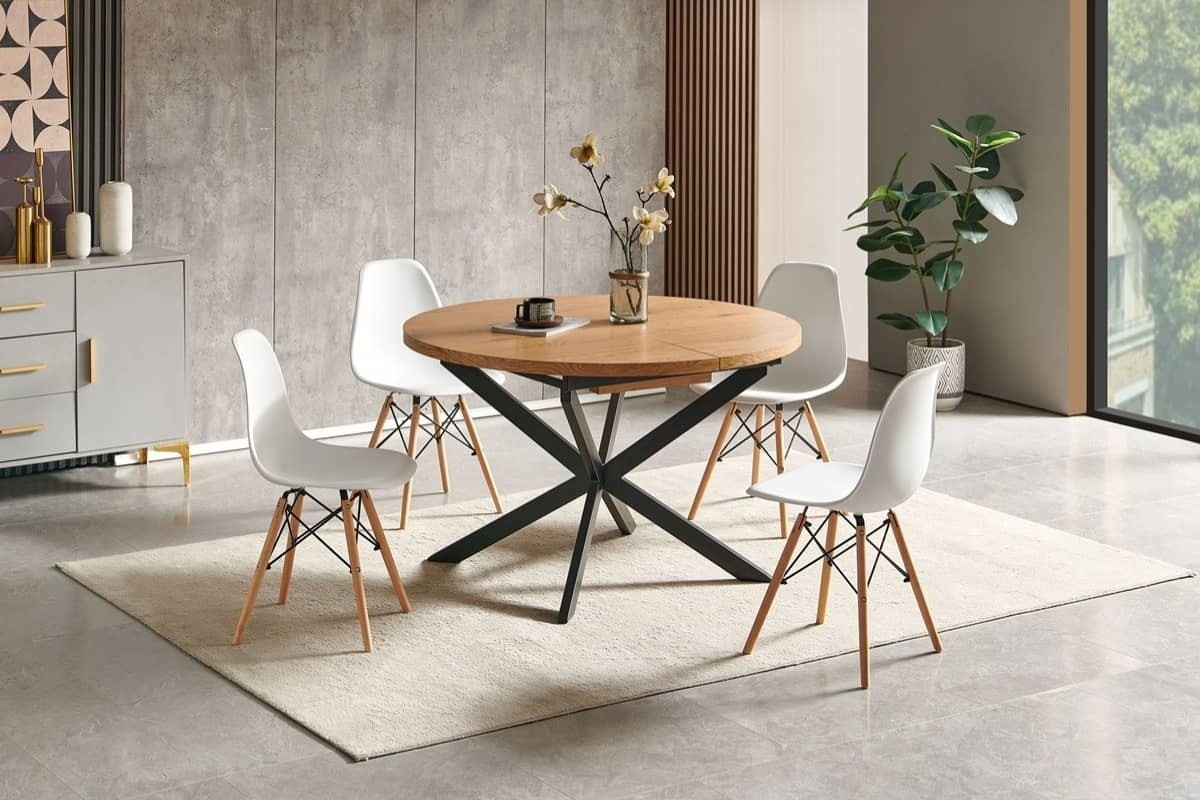 Mesa de salón circular extensible 120/160x120 con patas metálicas