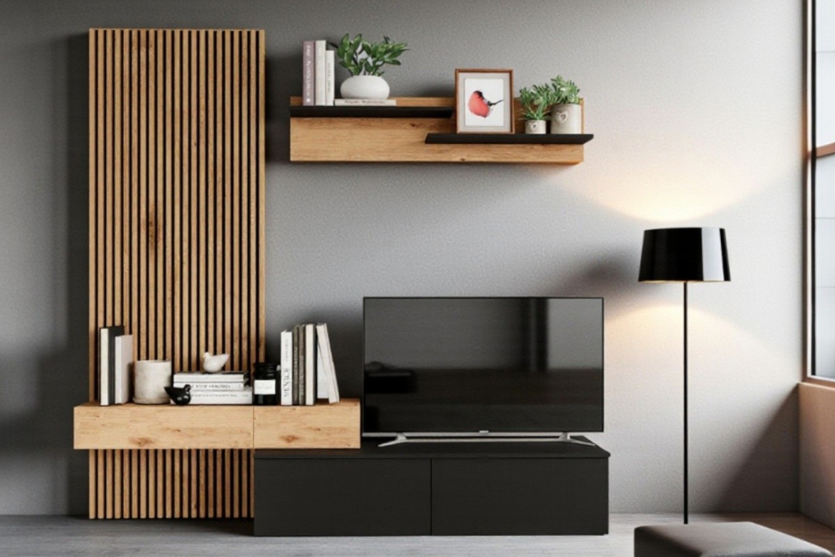 Mueble de salón TV CHLOE Negro y Roble Artisan
